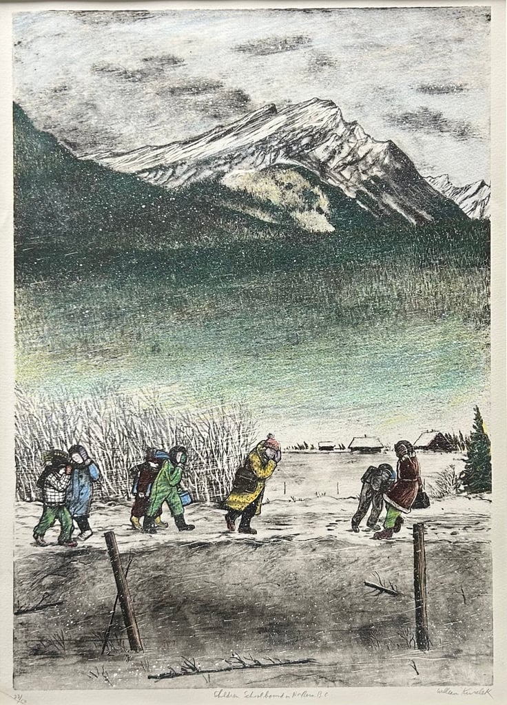 Children schoolbound in northern B.C by William Kurelek | Mayberry Fine Art