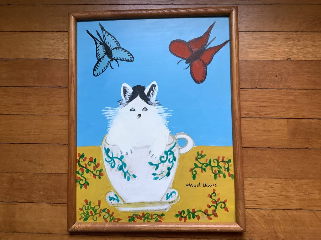 White Kitten in a Tea Cup by Maud Lewis | Mayberry Fine Art
